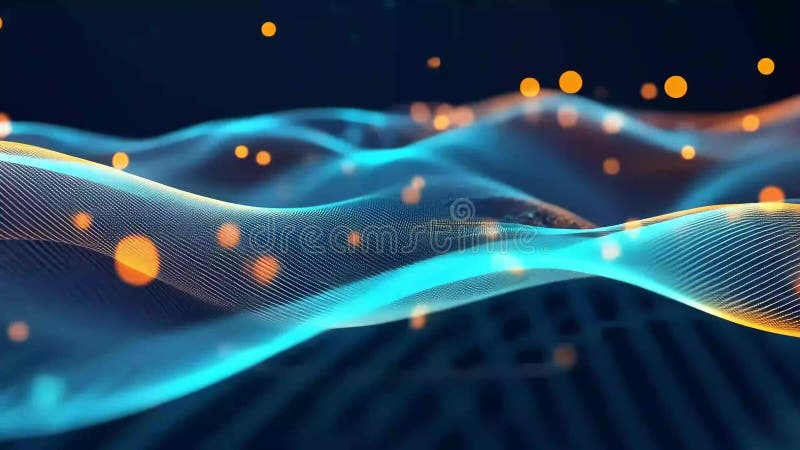 Abstract Undulating Waves of Light with Glowing Orbs, Against a Dark ...