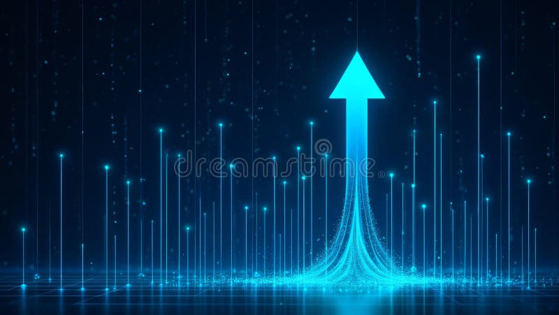 Abstract Upward Arrow with Glowing Particles on Dark Blue Background ...