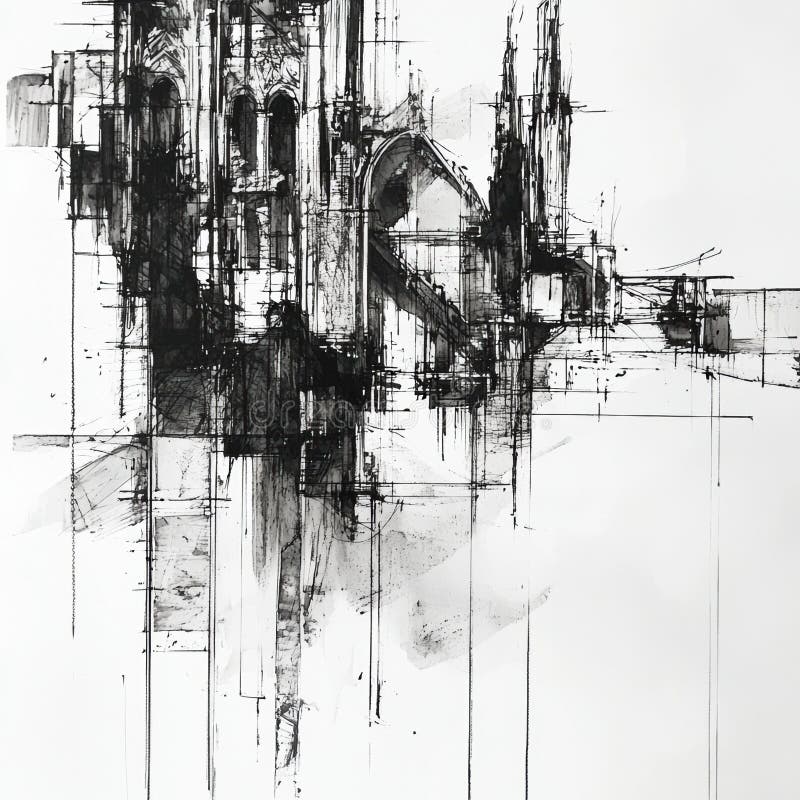 An Abstract Urban Landscape Features Architectural Elements Drawn in ...