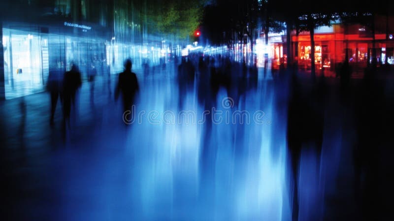 Abstract Urban Night Scene with Blurred Silhouettes and Neon Lights ...