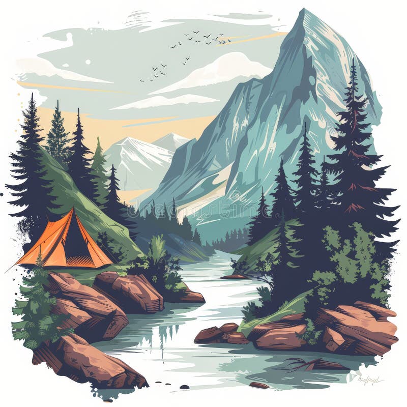 Abstract Valley River Nature Mountain Forest and Camping Tent Vector ...