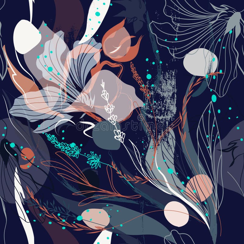 Abstract Vector Floral Pattern with Lines Flowers, Seamless Textile ...