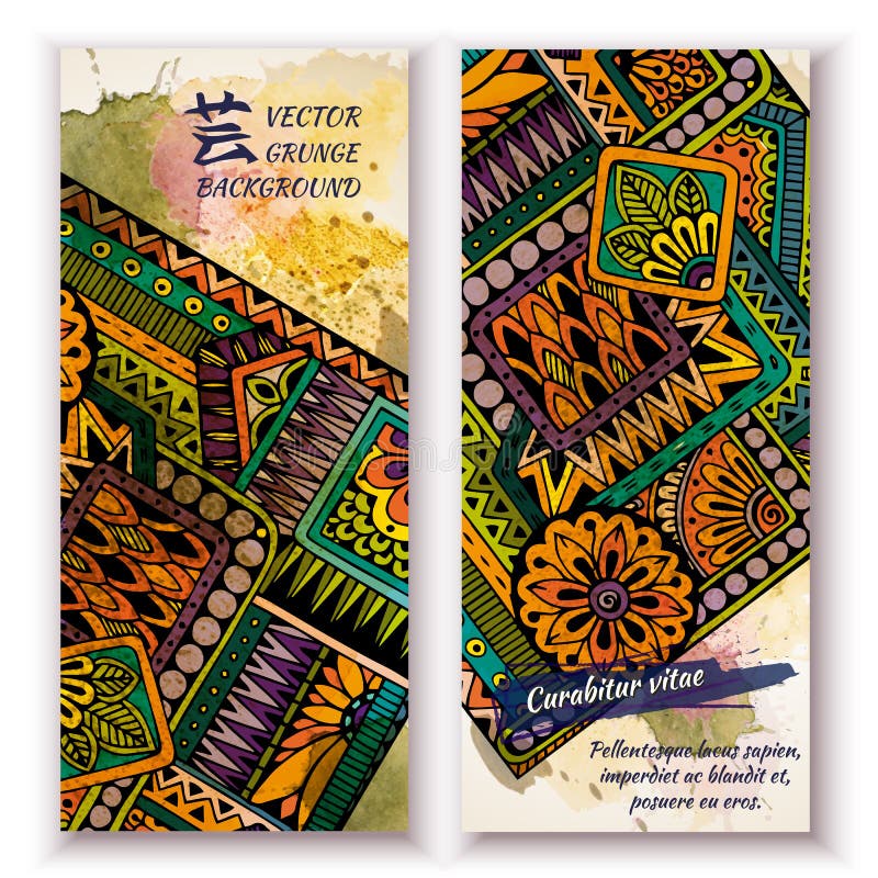 Abstract Vector Hand Drawn Ethnic Pattern Card Set. Series of Image ...