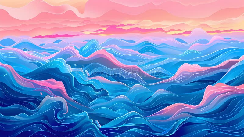 Abstract Vector Illustration of Blue and Pink Waves in the Ocean ...