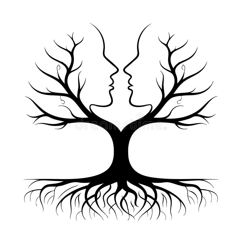 Abstract Tree Faces with Roots Symbolizing Connection and Growth Vector ...