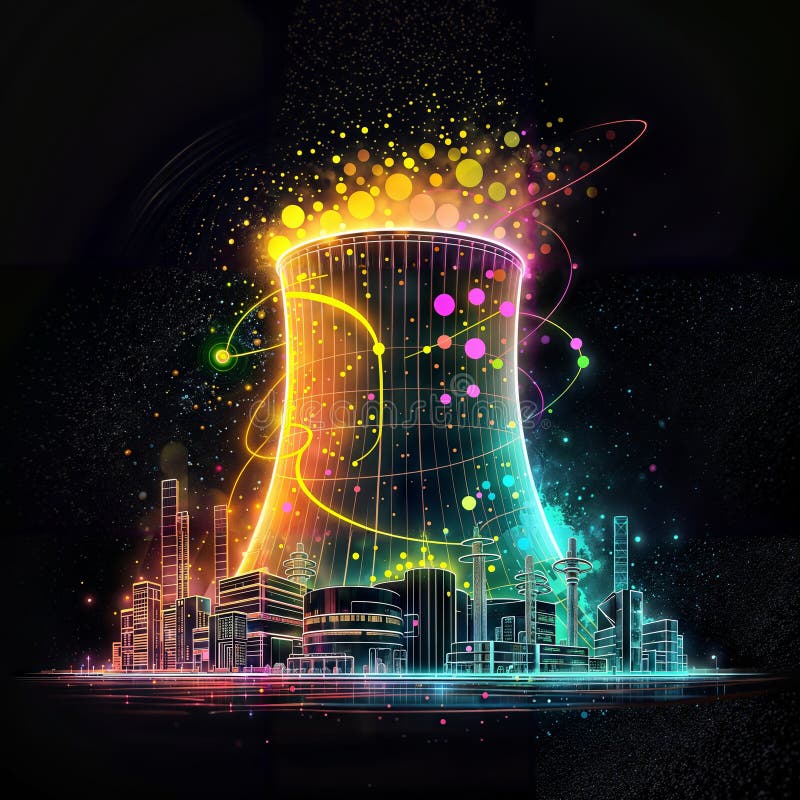 Abstract Vector Illustration of Nuclear Power Plant on Black Background ...