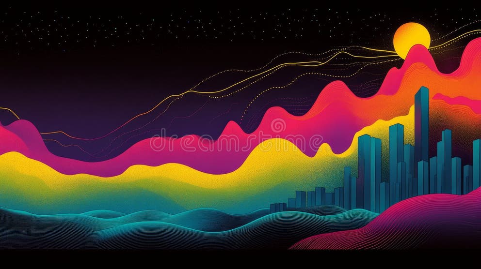 Abstract Vector Landscape, Colorful Synthwave Style with Line Chart ...