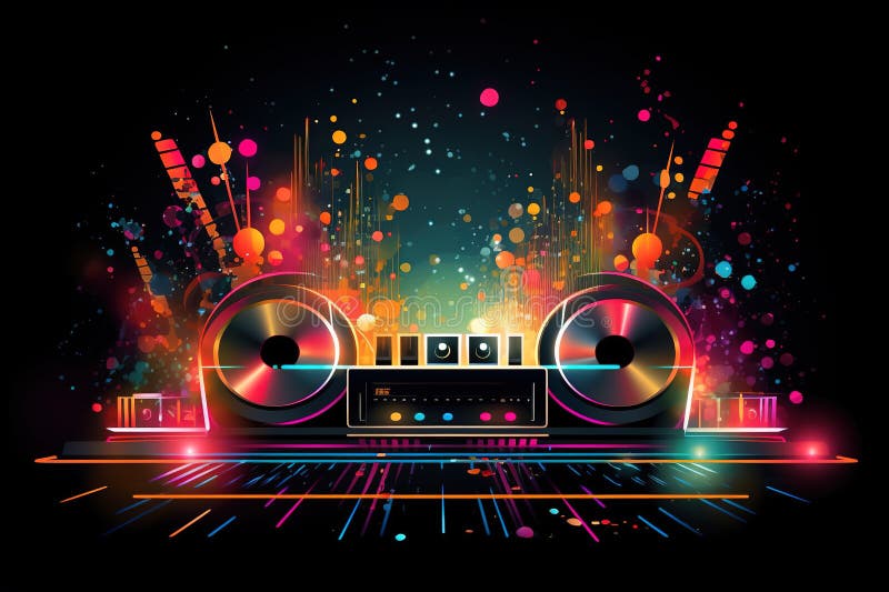 Abstract Vector Poster with Colorful Dj Console, Big Speakers ...