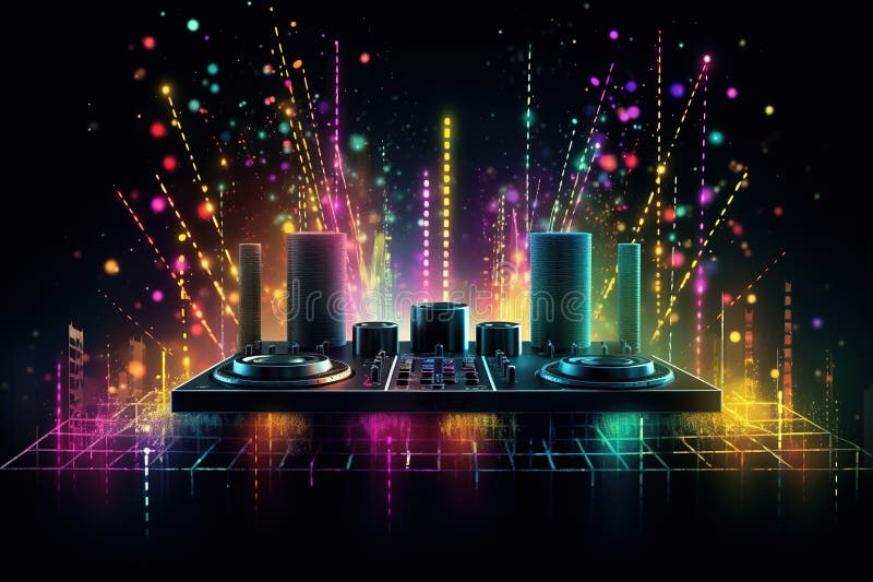Abstract Vector Poster with Colorful Dj Console, Big Speakers ...