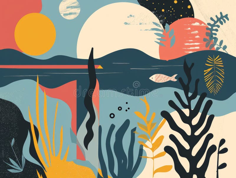 Abstract Vector Seamless Pattern with Seaweed, Sun, Waves, Sun. Hand ...