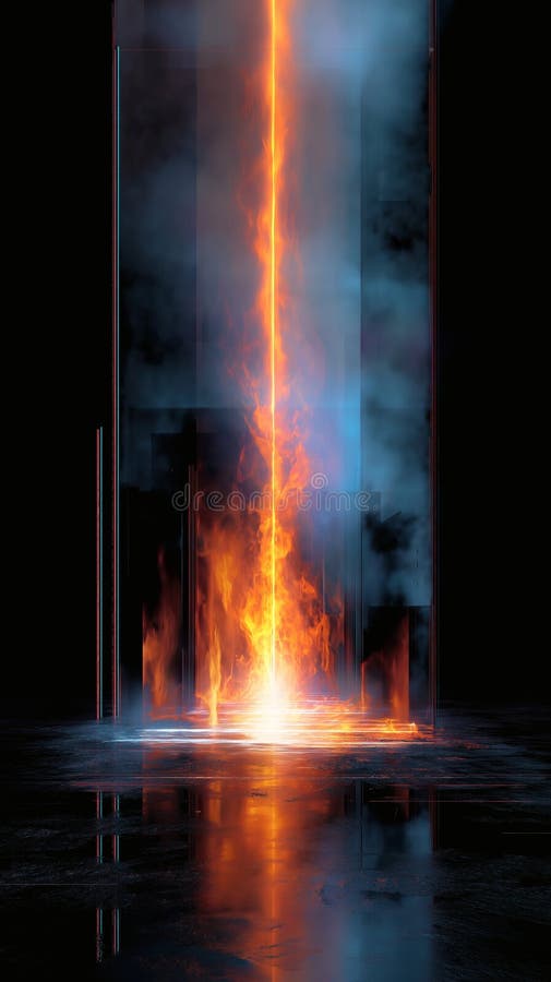 Abstract Vertical Beam of Light and Fire Effect on Reflective Surface ...