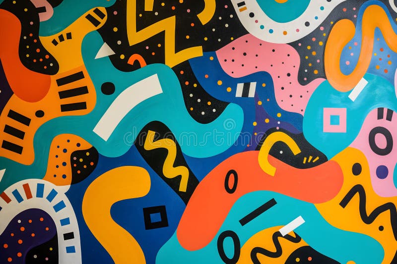 Abstract Vibrant Background in Memphis Style Featuring Bold Wavy Shapes ...