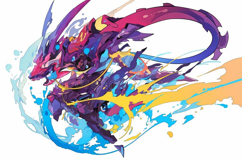 Abstract Vibrant Dragon-like Creature with Dynamic Paint Splashes ...
