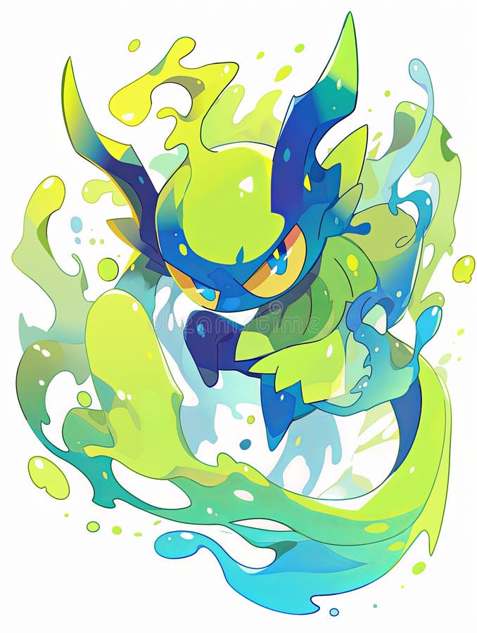 Abstract Vibrant Green and Blue Creature, Dynamic Pose, Liquid Splashes ...