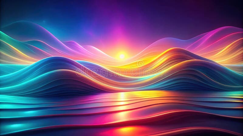 Abstract Vibrant Sunset Over Flowing, Colorful, Reflective Hills ...