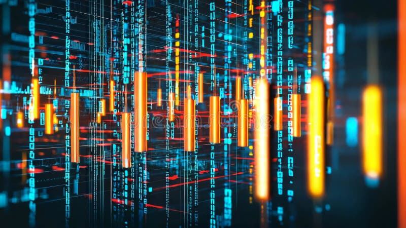 Abstract View with Blue Digital Data Streams and Orange Bars. Depth of ...