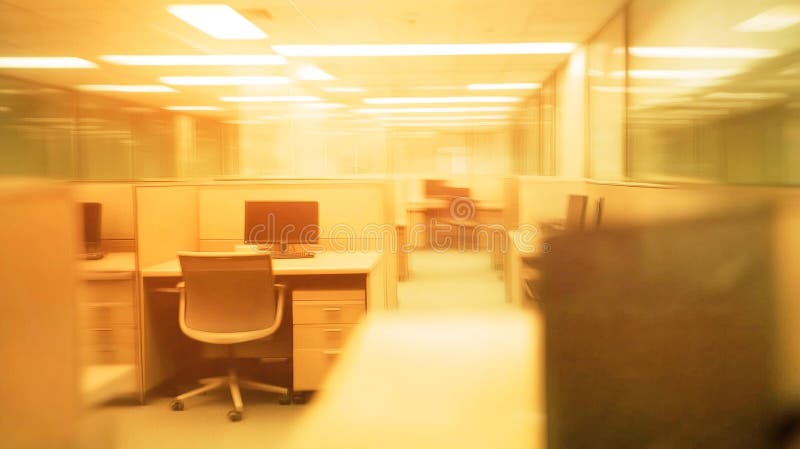 Abstract View of Blurred Office Cubicles and Desks in Warm Lighting ...