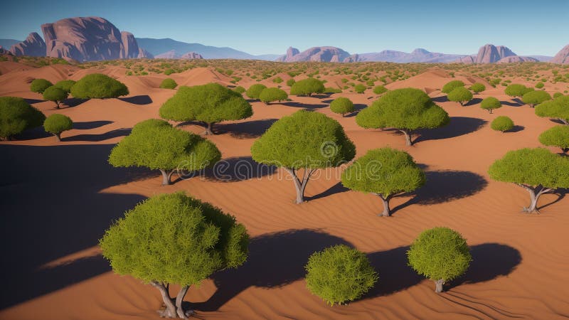 An Abstract View of a Desert with Trees and Mountains in the Background ...