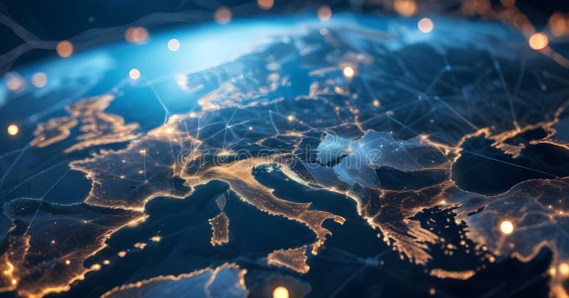 Abstract View of Europe at Night, Illuminated by Golden Lights ...