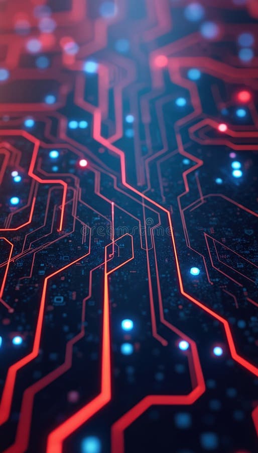 Abstract View of Glowing Neon Circuit Board. Complex Network of Red ...