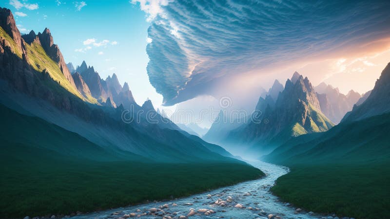 An Abstract View of a Mountain Valley with a Stream Running through it ...