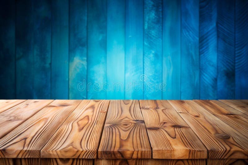 Abstract Natural Wood Table Texture with Deep Blue Gradient Wall ...