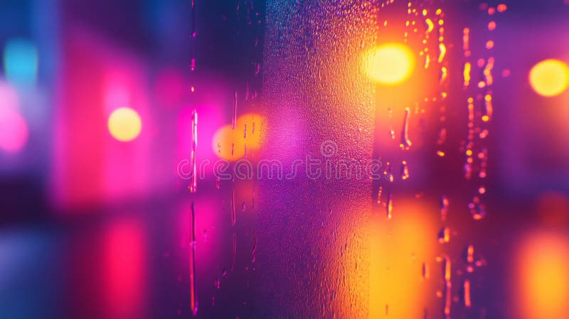 Abstract View of Neon Lights through a Wet Window Pane Stock ...