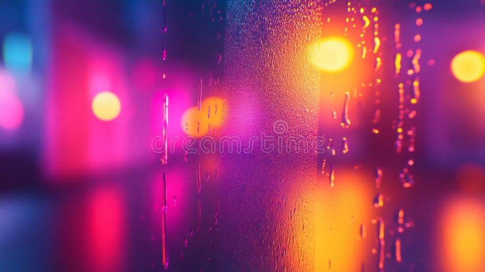 Abstract View of Neon Lights through a Wet Window Pane Stock ...