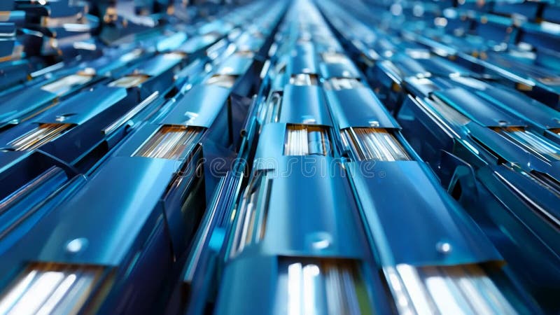 Abstract View of Organized Filing System with Rows of Blue Metallic ...