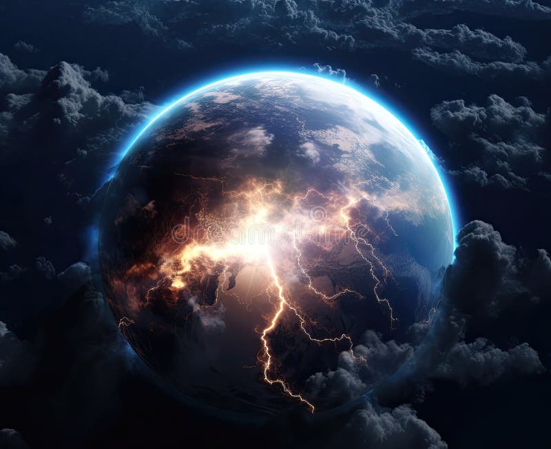 Abstract View of the Planet Earth in Outer Space with Lightning Strikes ...