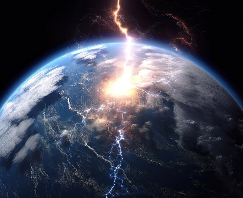 Abstract View of the Planet Earth in Outer Space with Lightning Strikes ...