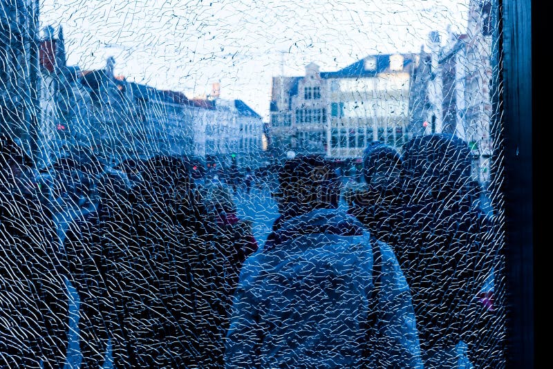 Abstract View through the Window with Blurred Glass. Crowd of People ...