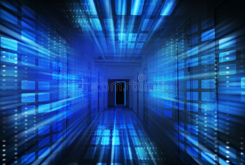 Abstract Virtual Database Server Room, Blue Background, Collage Stock ...