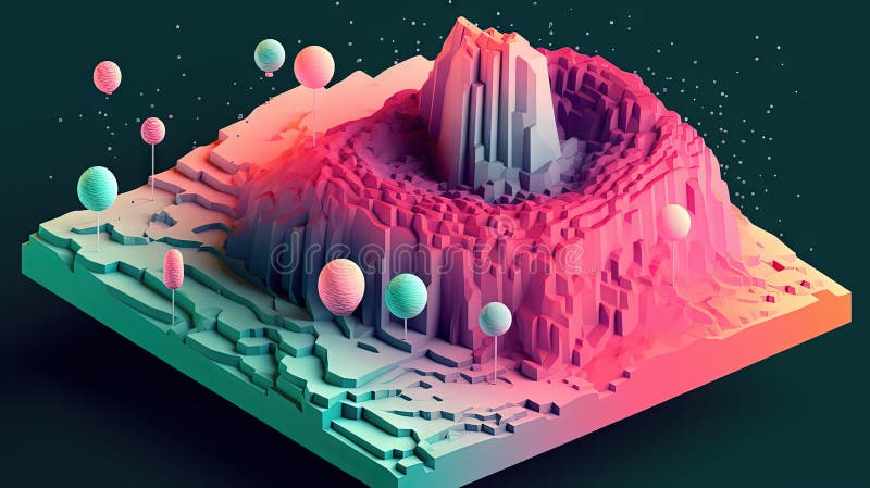 Abstract Virtual Isometric Terrain with Mountains. Slice of Topographic ...