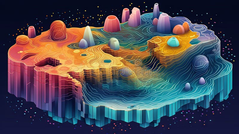 Abstract Virtual Isometric Terrain with Mountains. Slice of Topographic ...