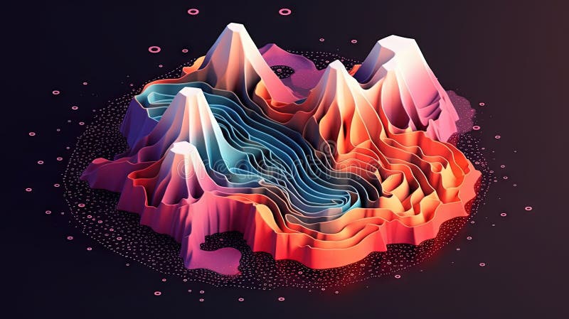 Abstract Virtual Isometric Terrain with Mountains. Slice of Topographic ...