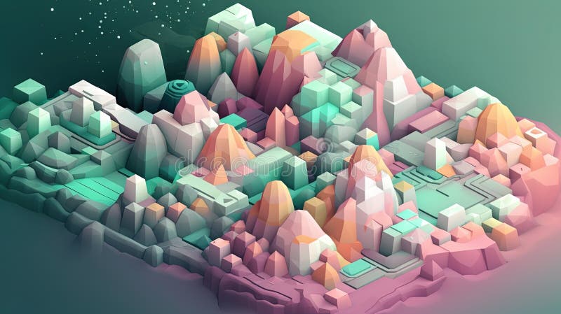 Abstract Virtual Isometric Terrain with Mountains. Slice of Topographic ...