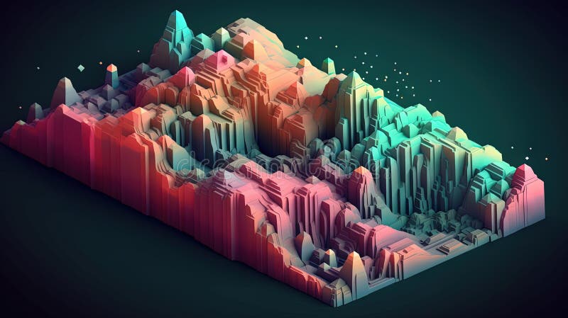 Abstract Virtual Isometric Terrain with Mountains. Slice of Topographic ...