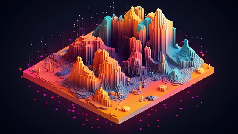Abstract Virtual Isometric Terrain with Mountains. Slice of Topographic ...