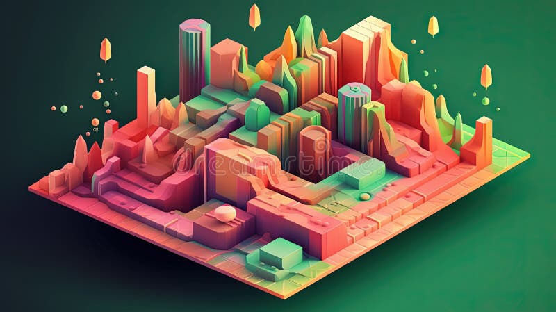 Abstract Virtual Isometric Terrain with Mountains. Slice of Topographic ...