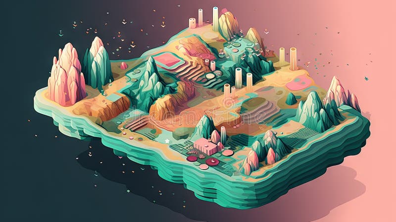 Abstract Virtual Isometric Terrain with Mountains. Slice of Topographic ...