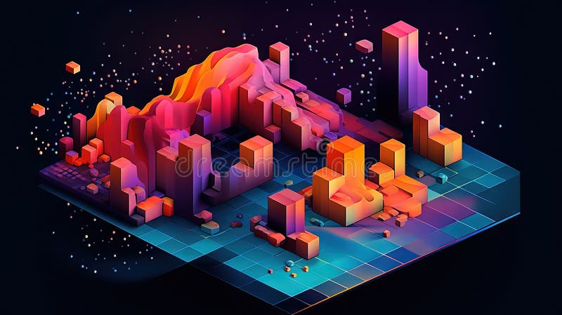 Abstract Virtual Isometric Terrain with Mountains. Slice of Topographic ...