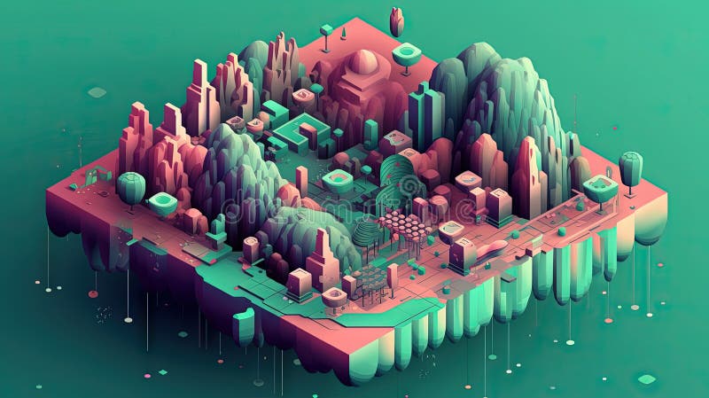 Abstract Virtual Isometric Terrain with Mountains. Slice of Topographic ...