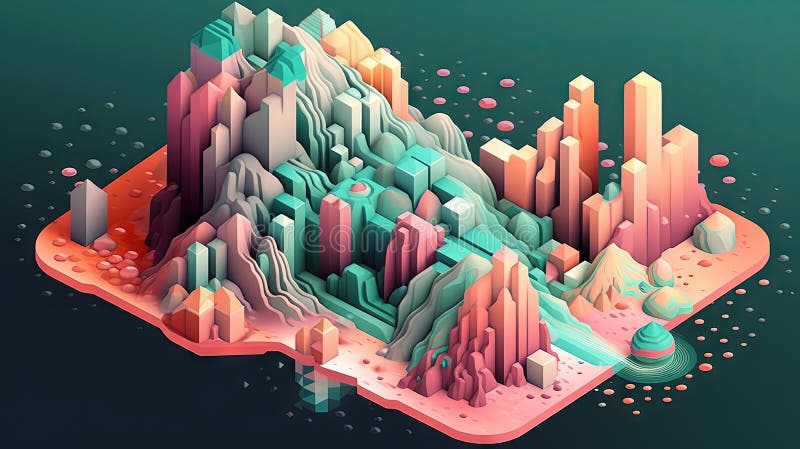 Abstract Virtual Isometric Terrain with Mountains. Slice of Topographic ...