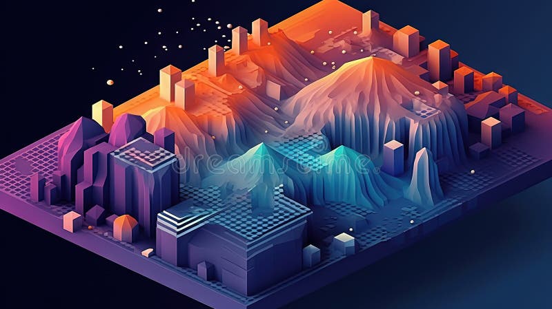 Abstract Virtual Isometric Terrain with Mountains. Slice of Topographic ...