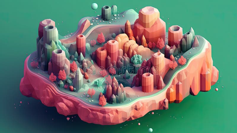 Abstract Virtual Isometric Terrain with Mountains. Slice of Topographic ...