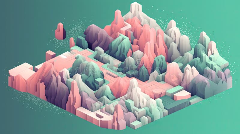 Abstract Virtual Isometric Terrain with Mountains. Slice of Topographic ...