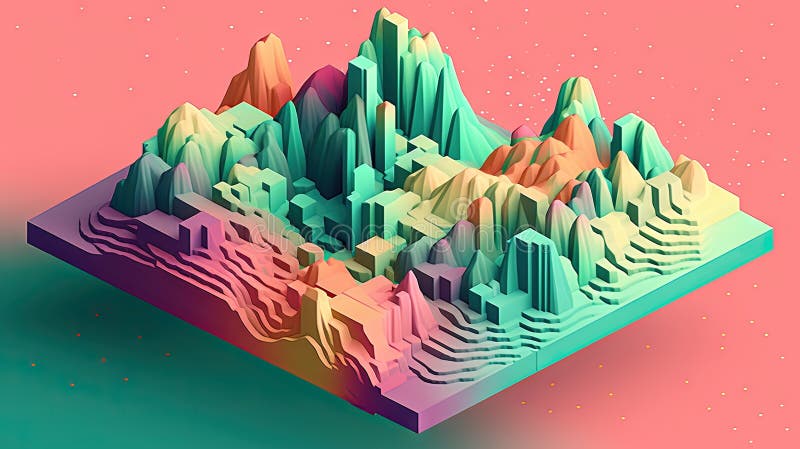 Abstract Virtual Isometric Terrain with Mountains. Slice of Topographic ...
