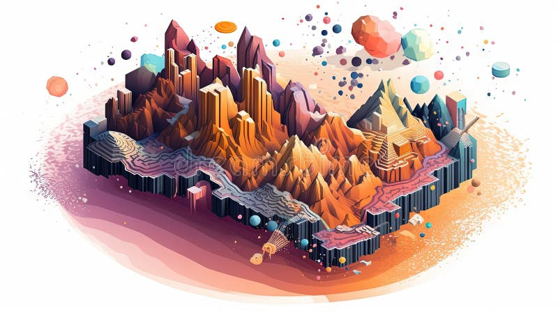 Abstract Virtual Isometric Terrain with Mountains. Slice of Topographic ...