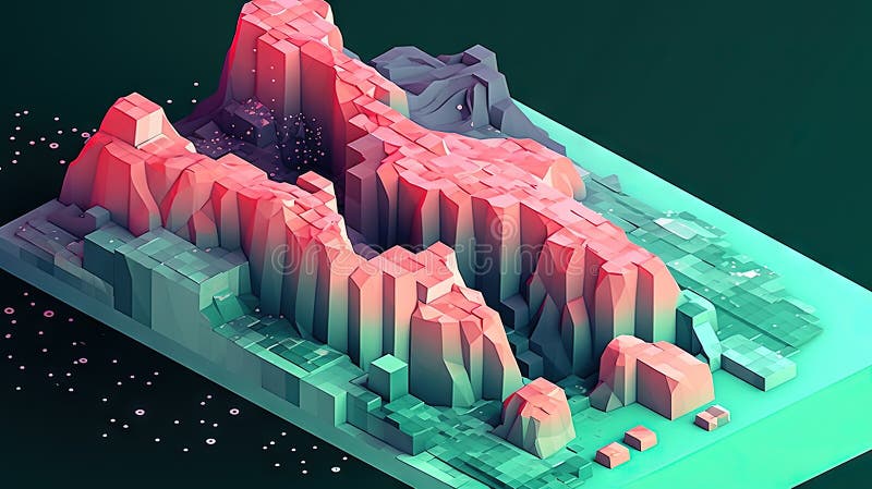 Abstract Virtual Isometric Terrain with Mountains. Slice of Topographic ...